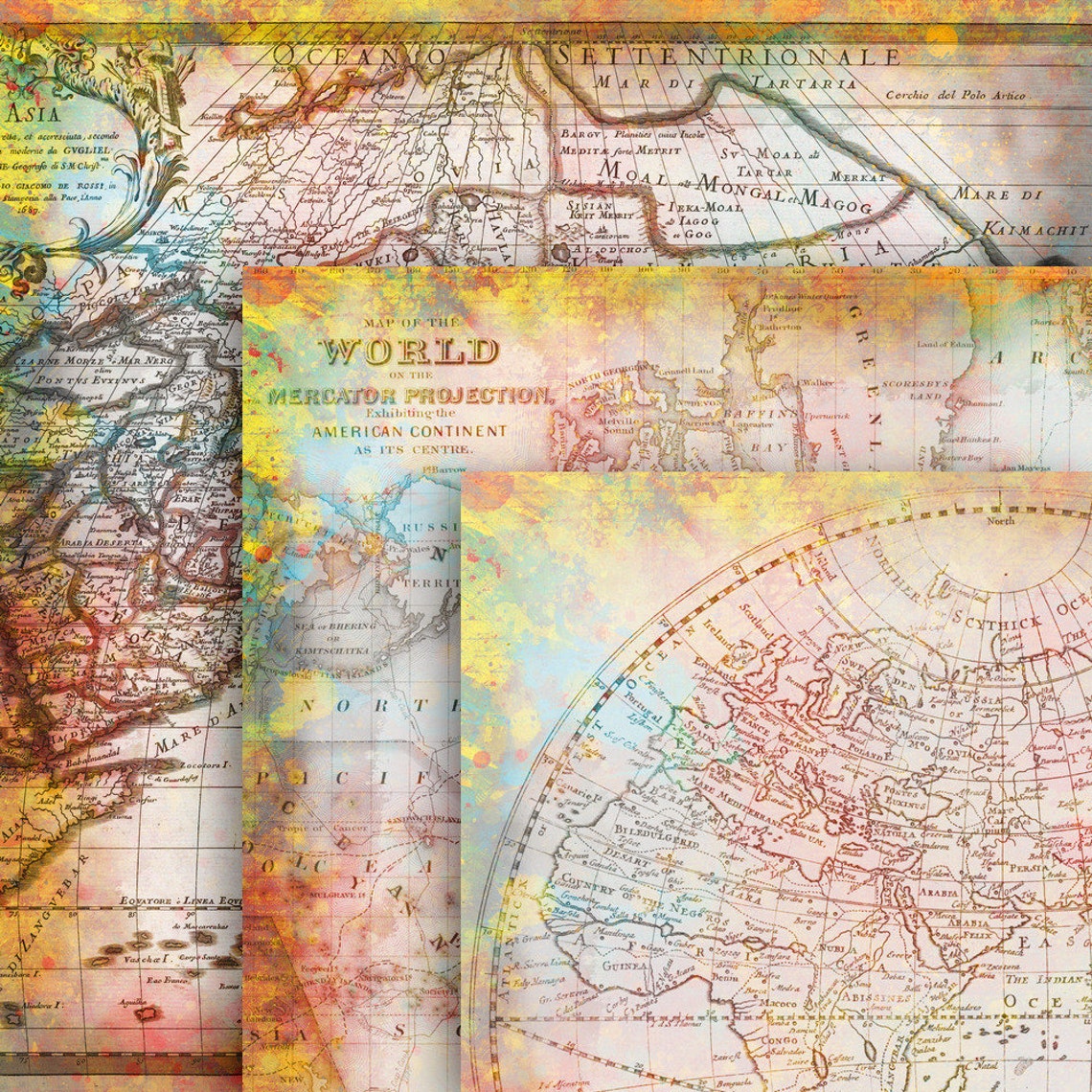 Vintage Maps Digital Paper 12 Designs Europe, Asia, Africa, America ...