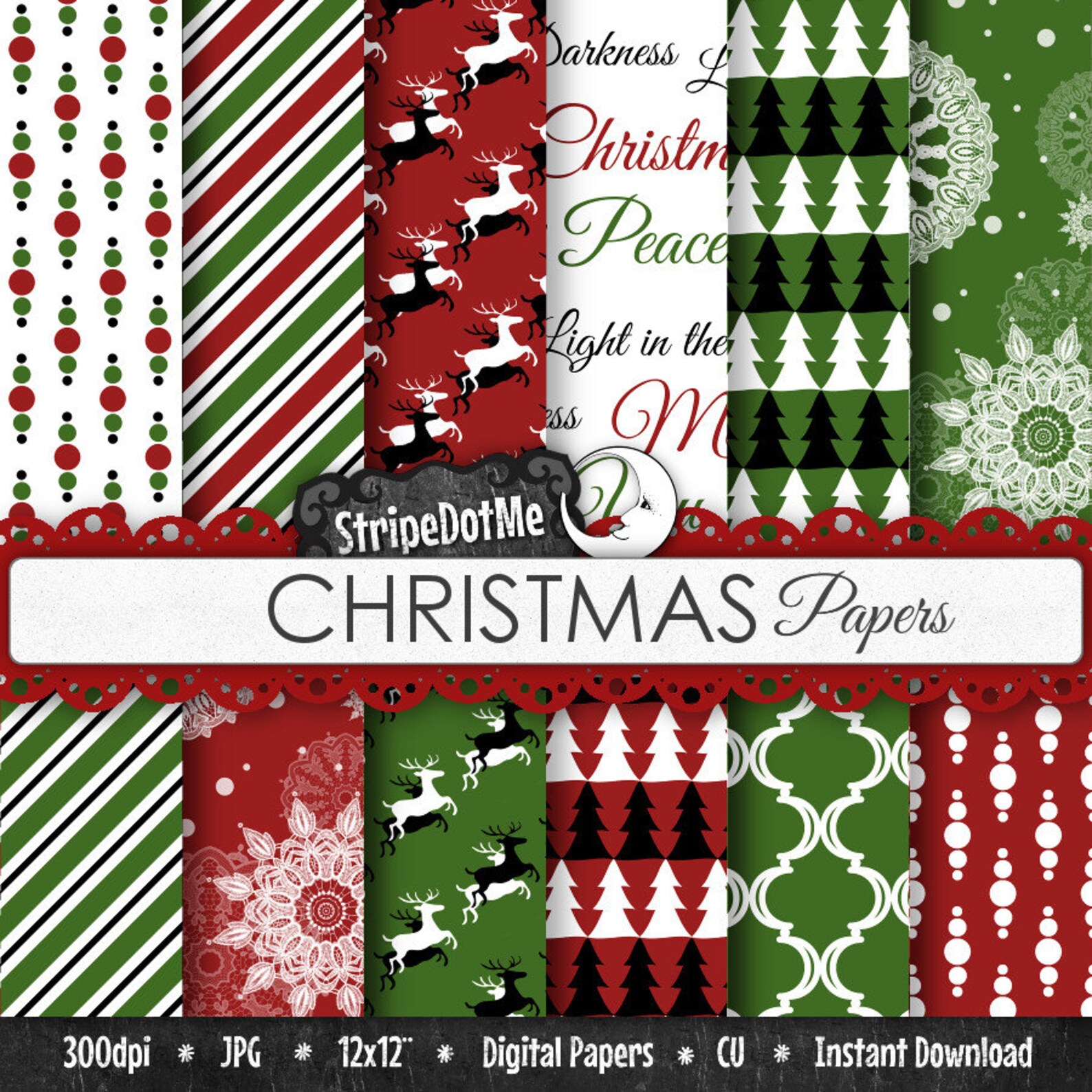 Christmas Digital Paper Pack Red Green Deer Stripes Quatrefoil Dots ...
