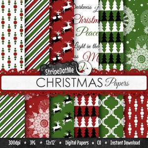 Christmas Digital Paper Pack Red Green Deer Stripes Quatrefoil Dots ...