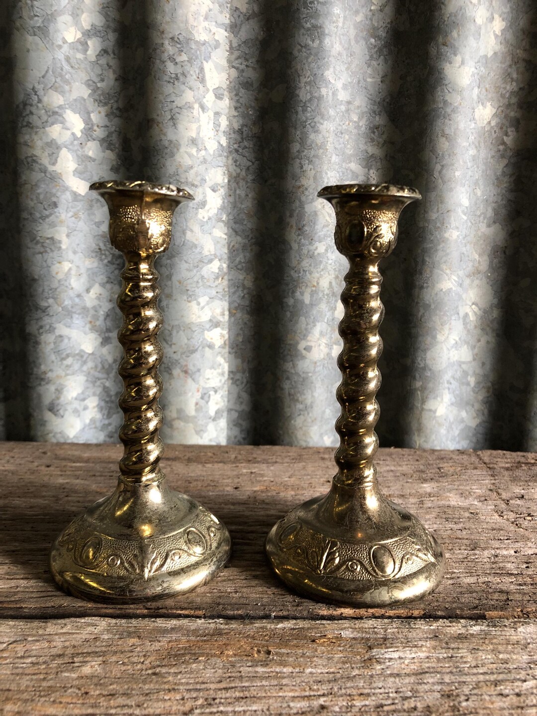 Vintage Pair of Bell Metal Brass Tone Barley Twist Candle Holders ...