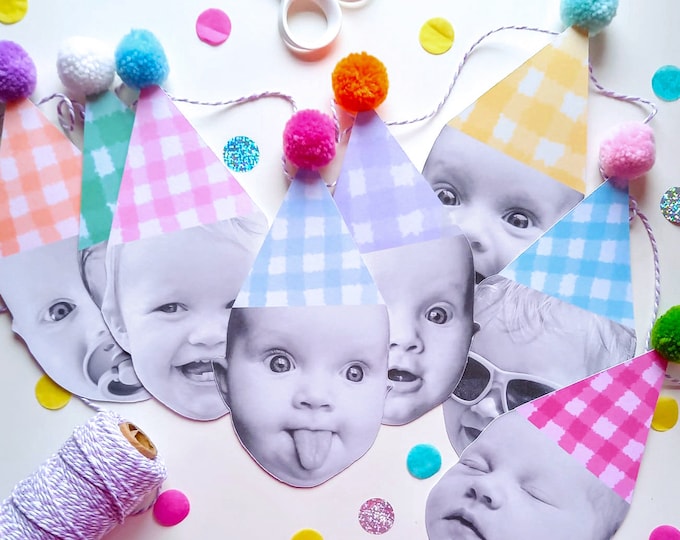 Personalised Face, Gingham Happy Head Garland/bunting With Pom Pom ...