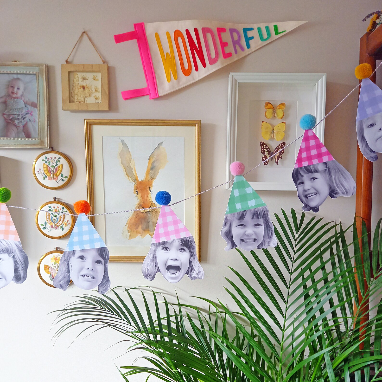 Personalised Face, Gingham Happy Head Garland/bunting With Pom Pom ...