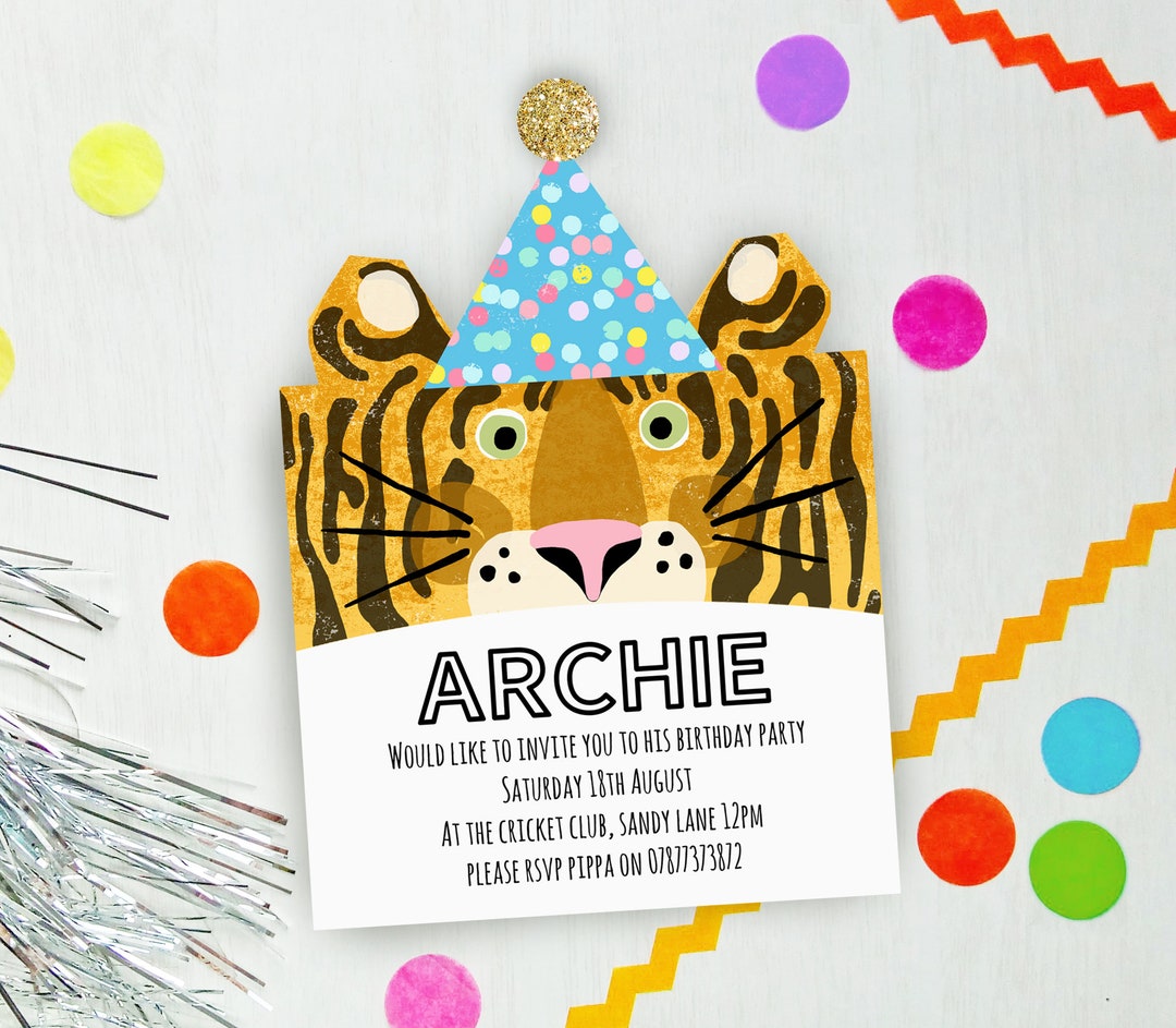 Party Animal Birthday Invitations- Tiger With Glitter Party Hat - Etsy