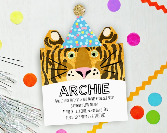 Party Animal Birthday Invitations- Tiger With Glitter Party Hat - Etsy