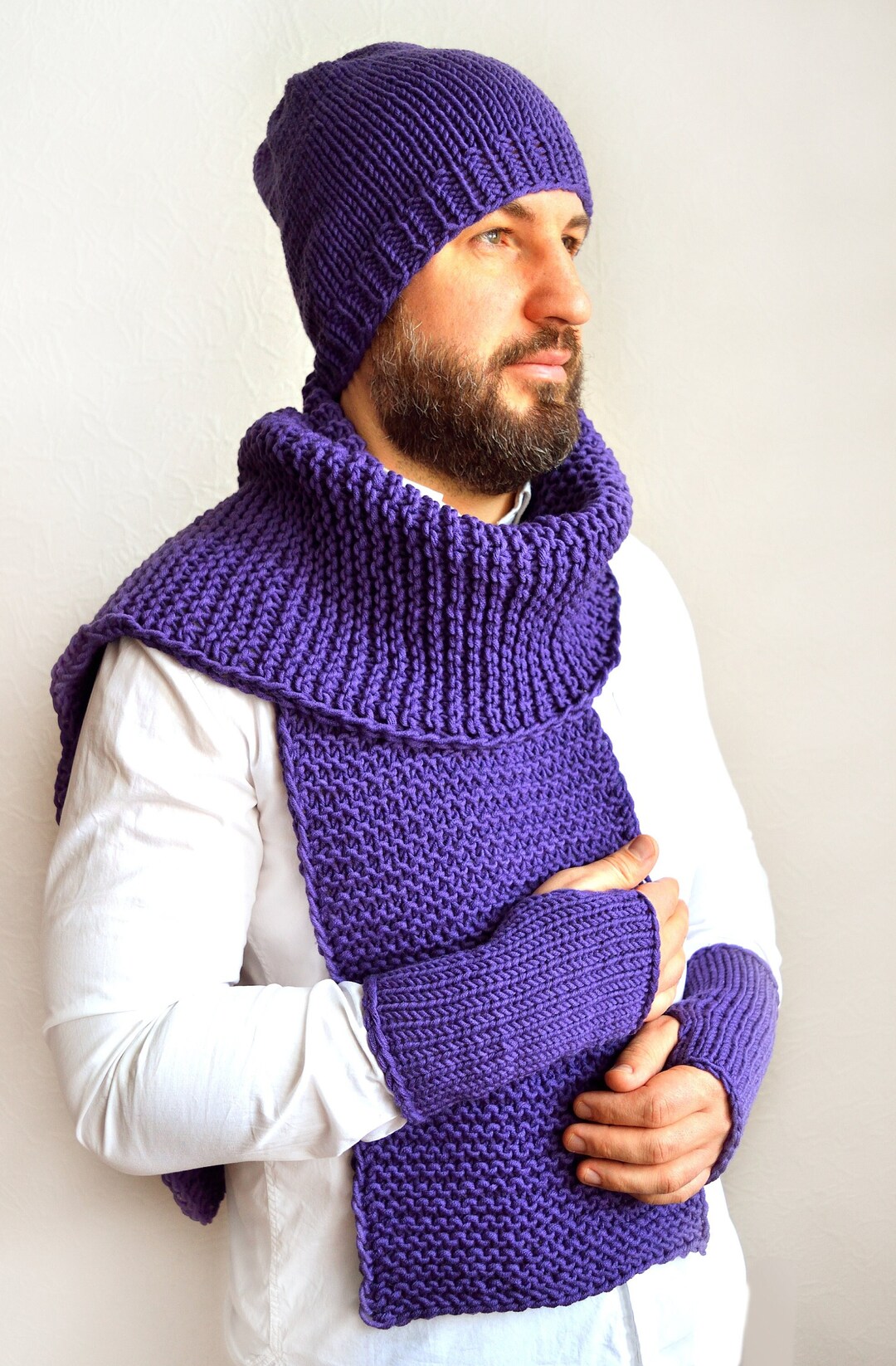 Hand Knit Men's Virgin Wool Hat, Scarf and Arm Warmers Set - Etsy
