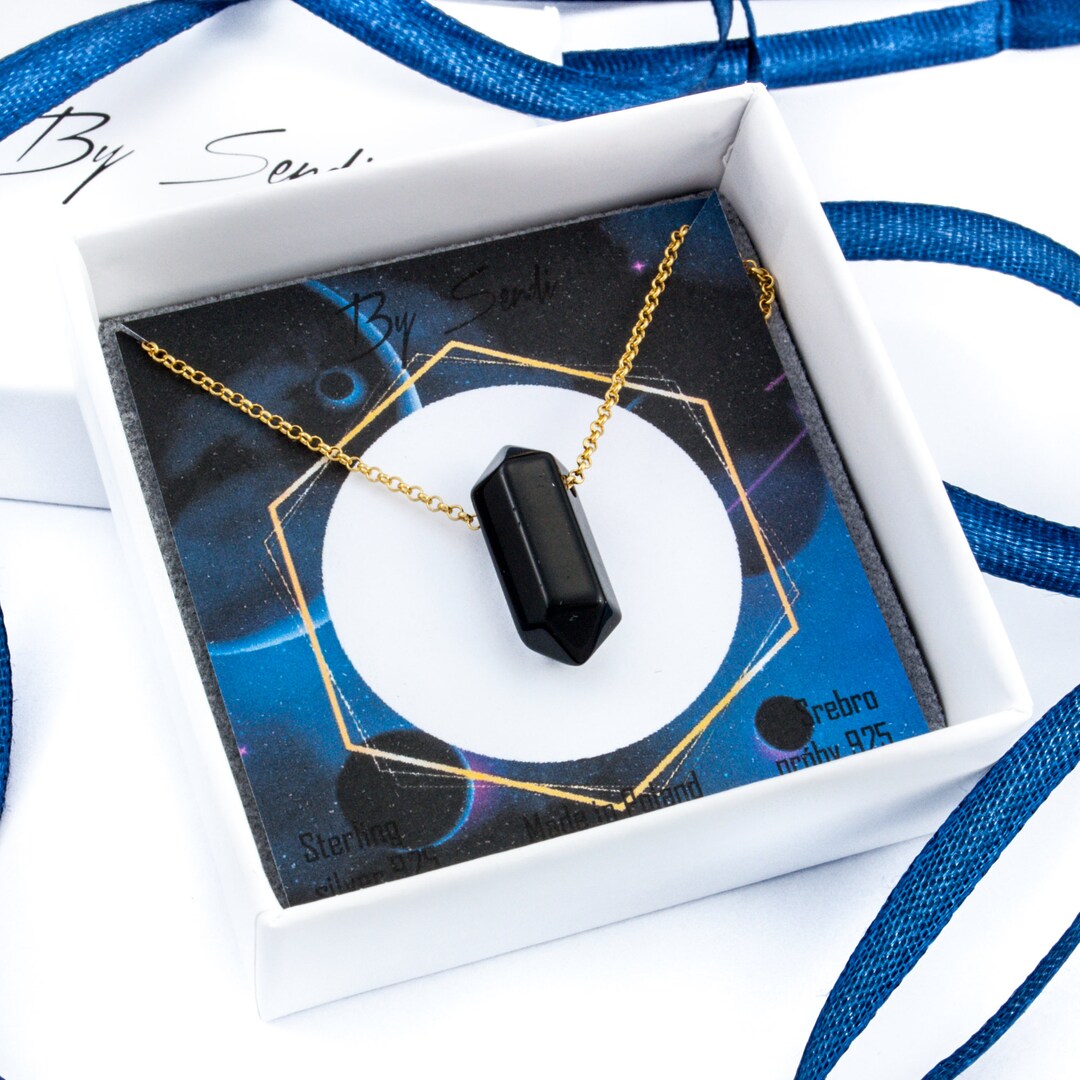 Onyx Golden Dainty Necklace, Crystal Pendant, Delicate Pillar Jewelry ...