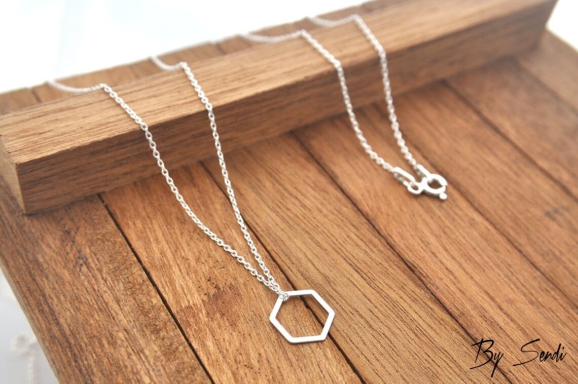 Hexagon Necklace Geometric Jewelry Sterling Silver Chain and | Etsy