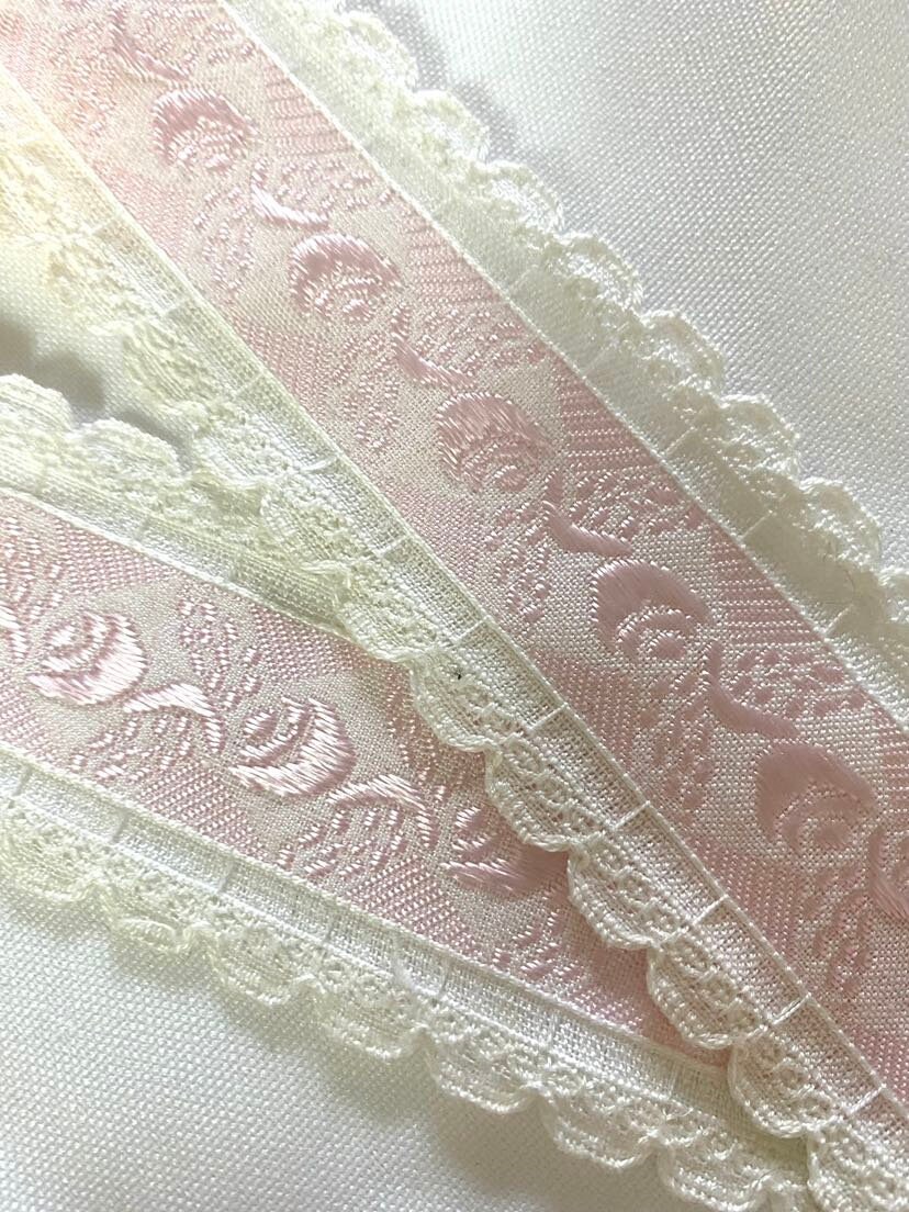 5yds 100% Cotton Pink Jacquard Ribbon With Flower Motif and Scalloped ...