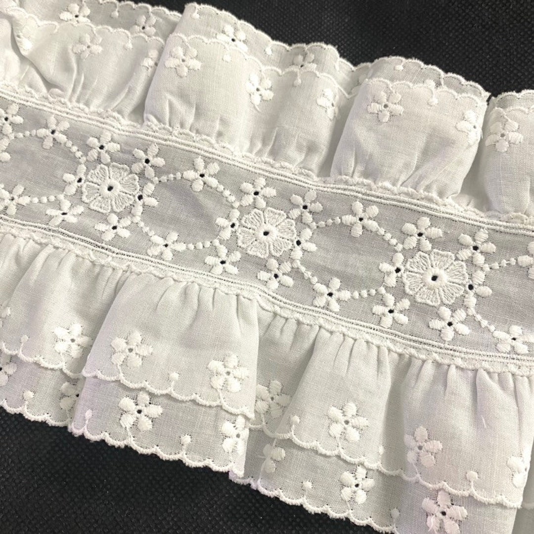 1 Yard White Batiste Embroidery With Flower Motif and Ruffles White ...