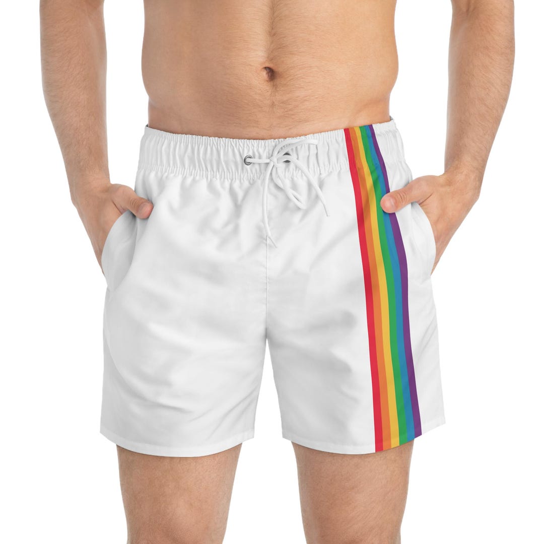 White Swim Trunks With Rainbow Accent - Pride Attire - Etsy