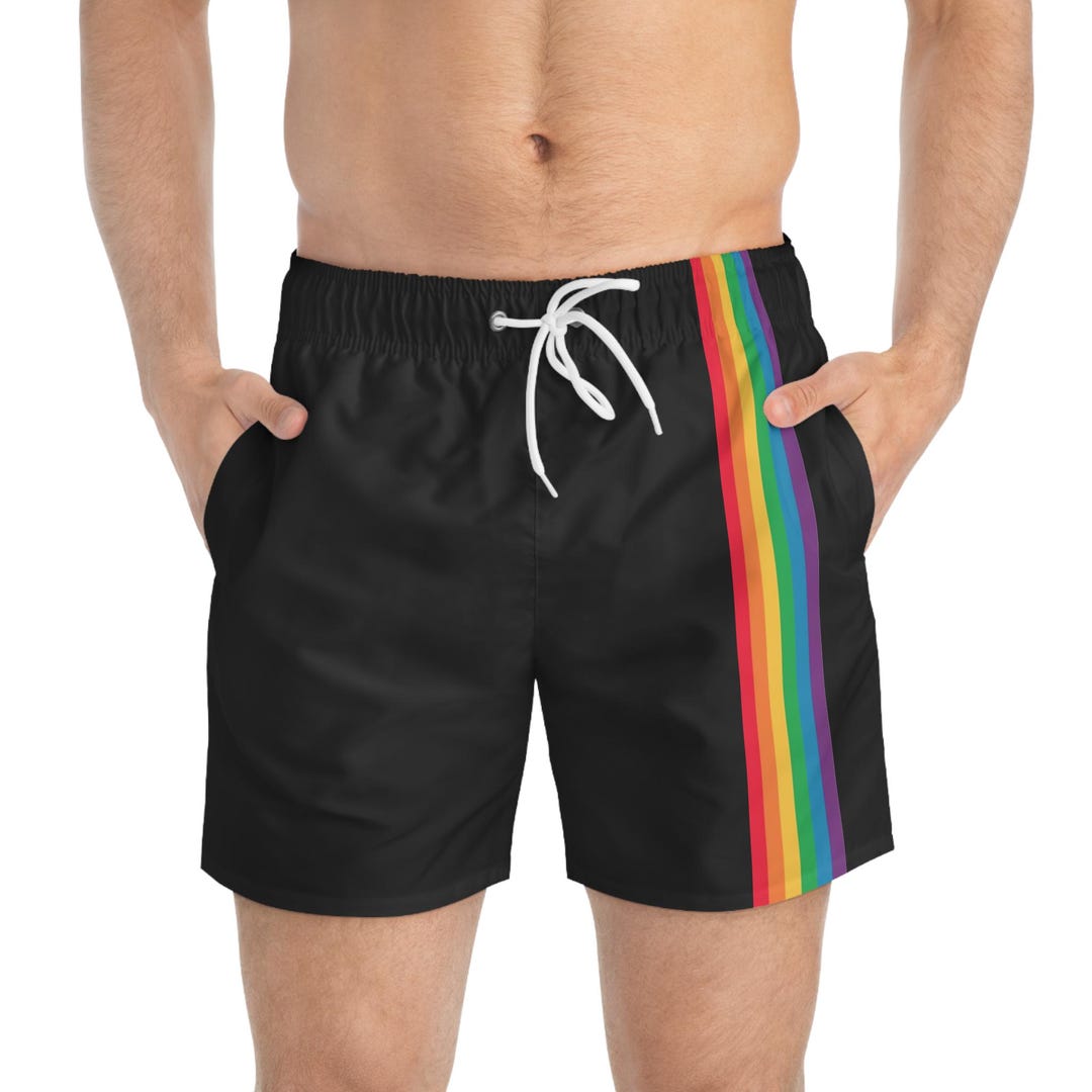 Black Swim Trunks With Rainbow Stripe - LGBTQ+ Pride Swimwear, Men's ...