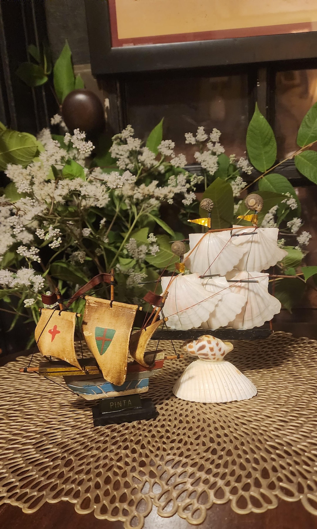 Vintage Wooden Pinta Ship & Seashell Miniature Boat Set - Etsy