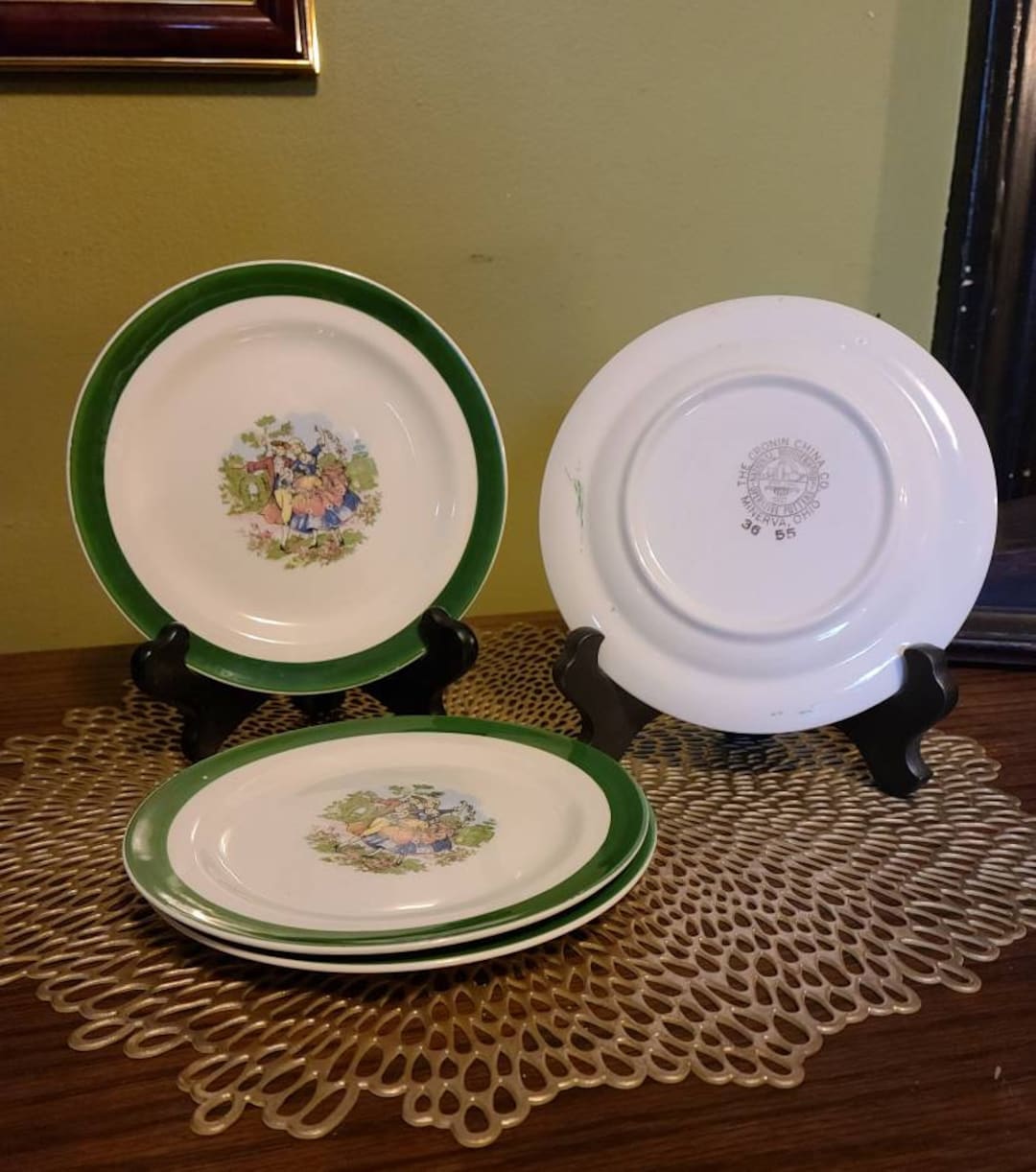 Cronin China Minerva Ohio, Green Trim Colonial Couple Dessert Plates - Etsy