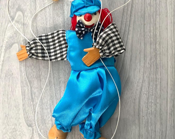Vintage Marionette Clown, Clown String Puppet, Wood Fabric Puppet, 9 ...