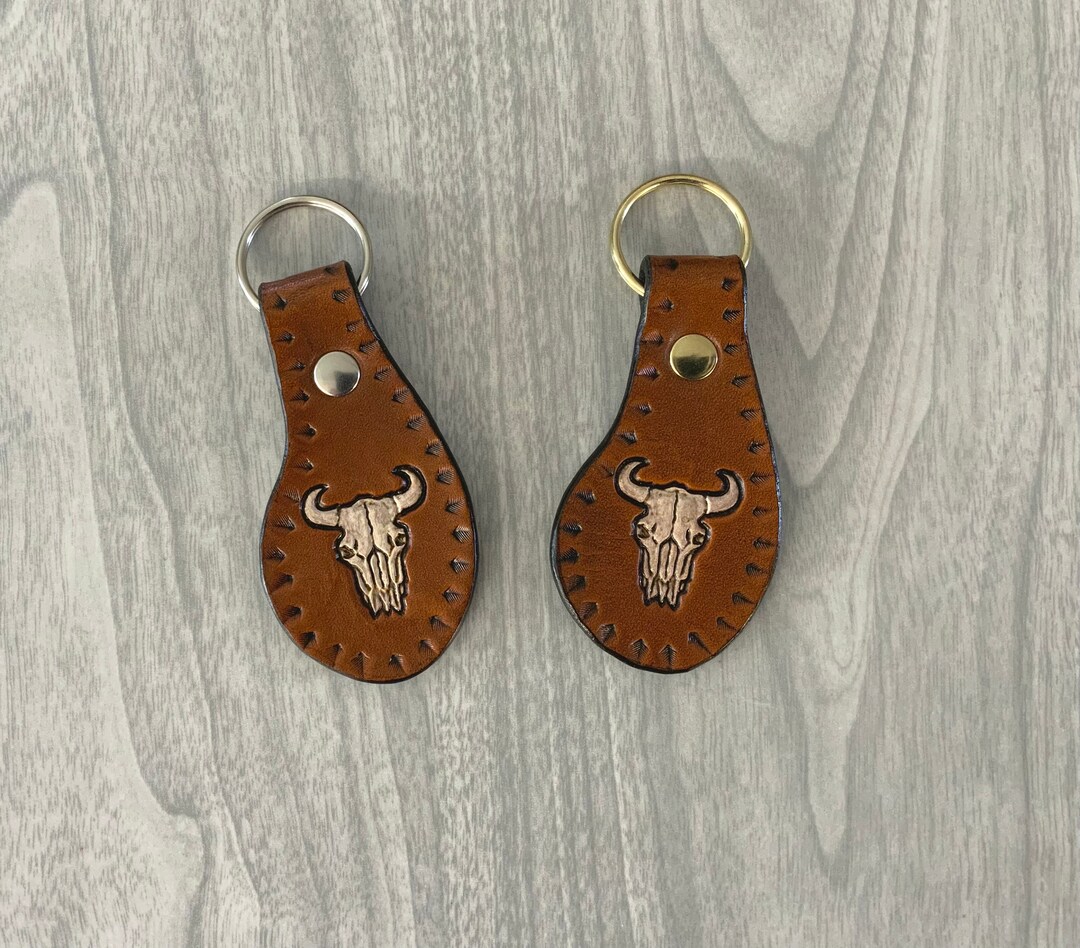 Buffalo Skull Keychain,buffalo Keyfob, Leather Key Fob, Leather Key ...