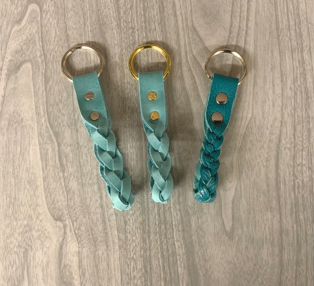 5” Braided Leather Key Fob, Braided Leather Keychain, Blue Braided ...