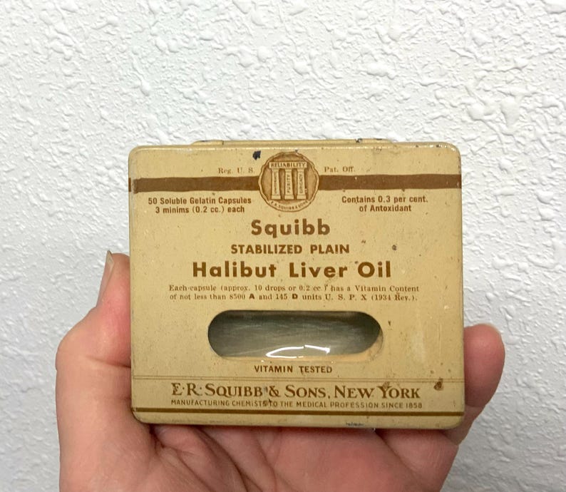 Rare Vintage Halibut Liver Oil Advertising Tin Can, Squibb Hinged Tin ...