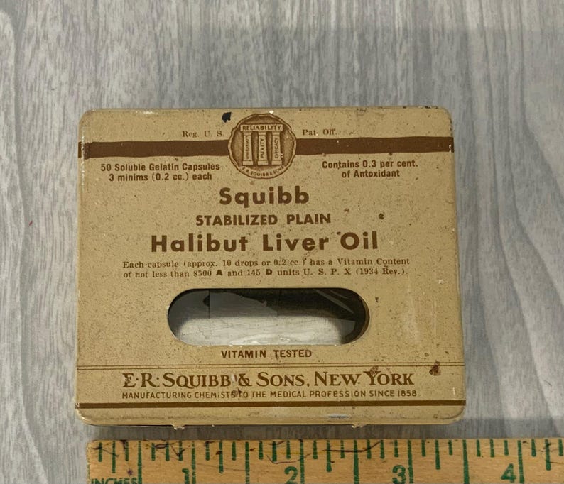 Rare Vintage Halibut Liver Oil Advertising Tin Can, Squibb Hinged Tin ...