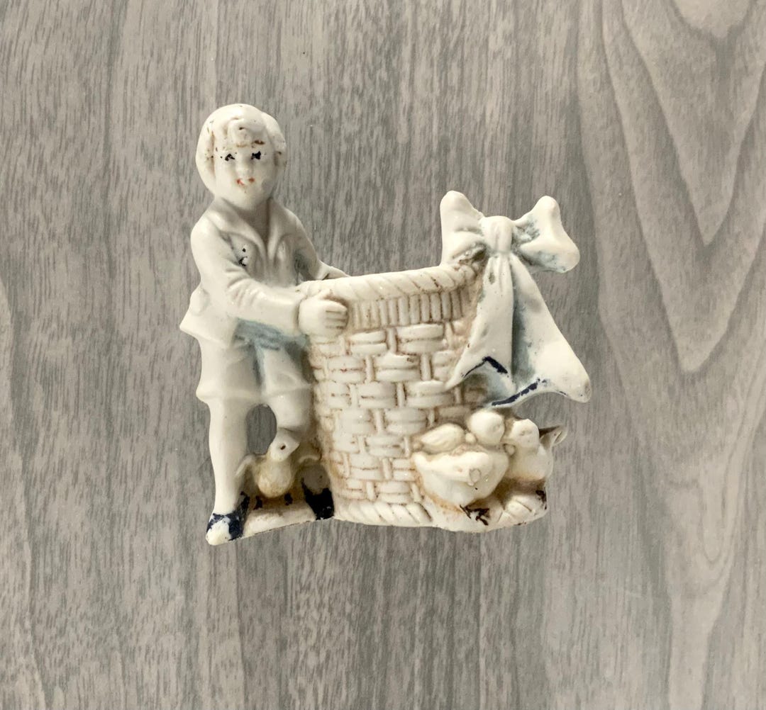 Antique Porcelain Boy With Basket Figurine, 2-3/4" Boy Figure, Made in ...