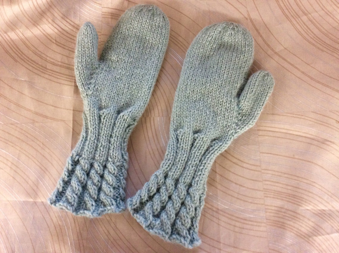 Adults Mittens, Arcrylic and Wool Hand Knit Mittens, Lt Blue Grey, Hand ...