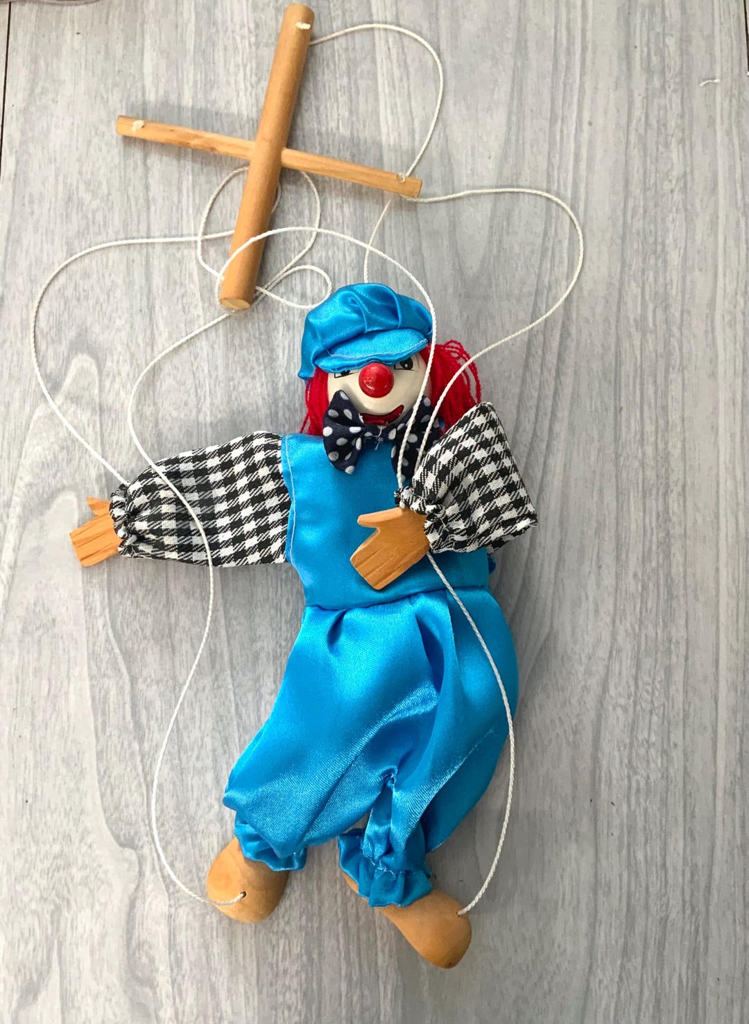 Vintage Marionette Clown, Clown String Puppet, Wood Fabric Puppet, 9" Dancing Clown, Clown ...