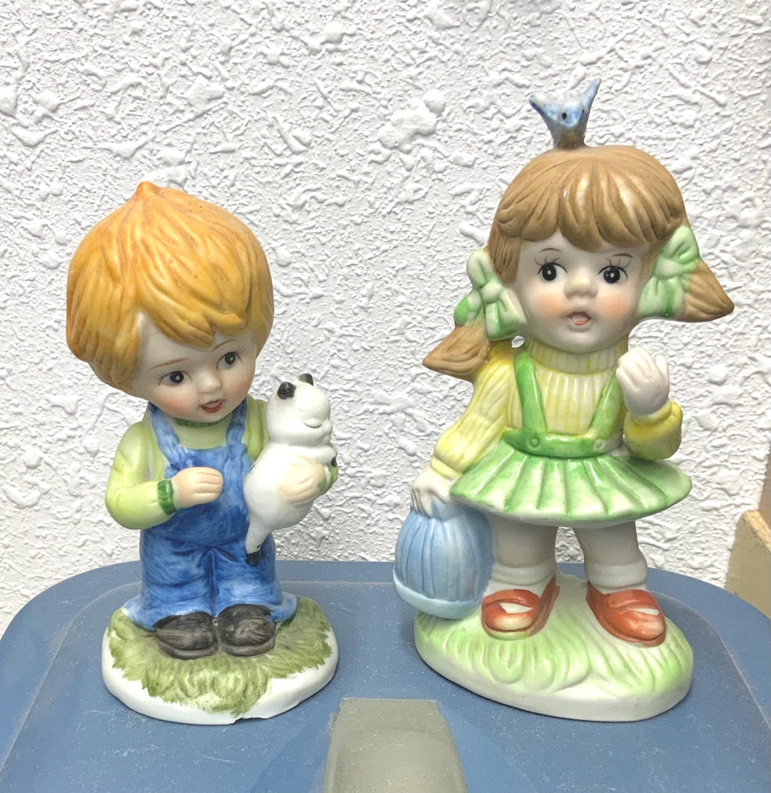 Homco Figurines, Homco Boy Holding Kitty, Homco Girl With Blue Bird on ...