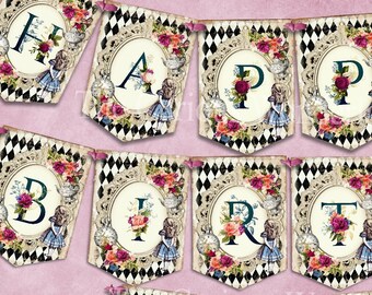 Alice in Wonderland Happy Birthday Bunting Printable Banners - Etsy