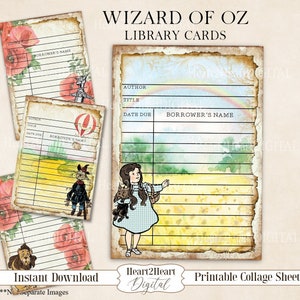 Wizard of Oz Library Cards, Printable Card, Digital, Journal Tags, Book ...
