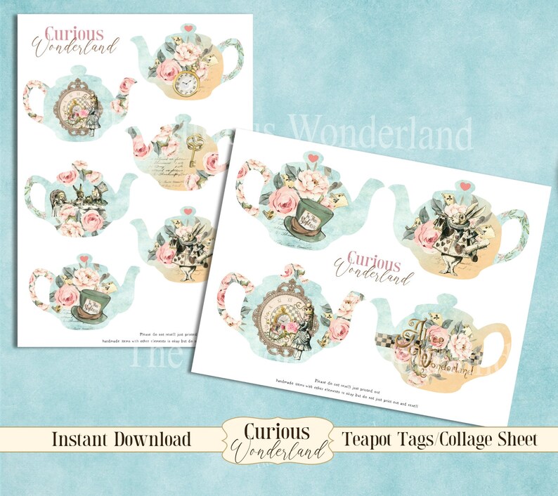 Alice in Wonderland Teapot Collage Sheet - Tags. ATC, Journal Cards ...