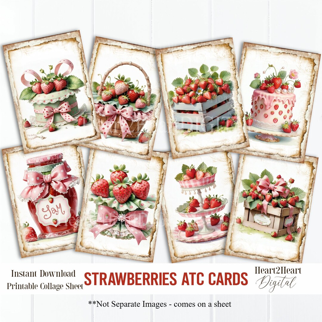 Coquette Strawberry Cards Collage Sheet, Tags, Journal Cards, Digital ...