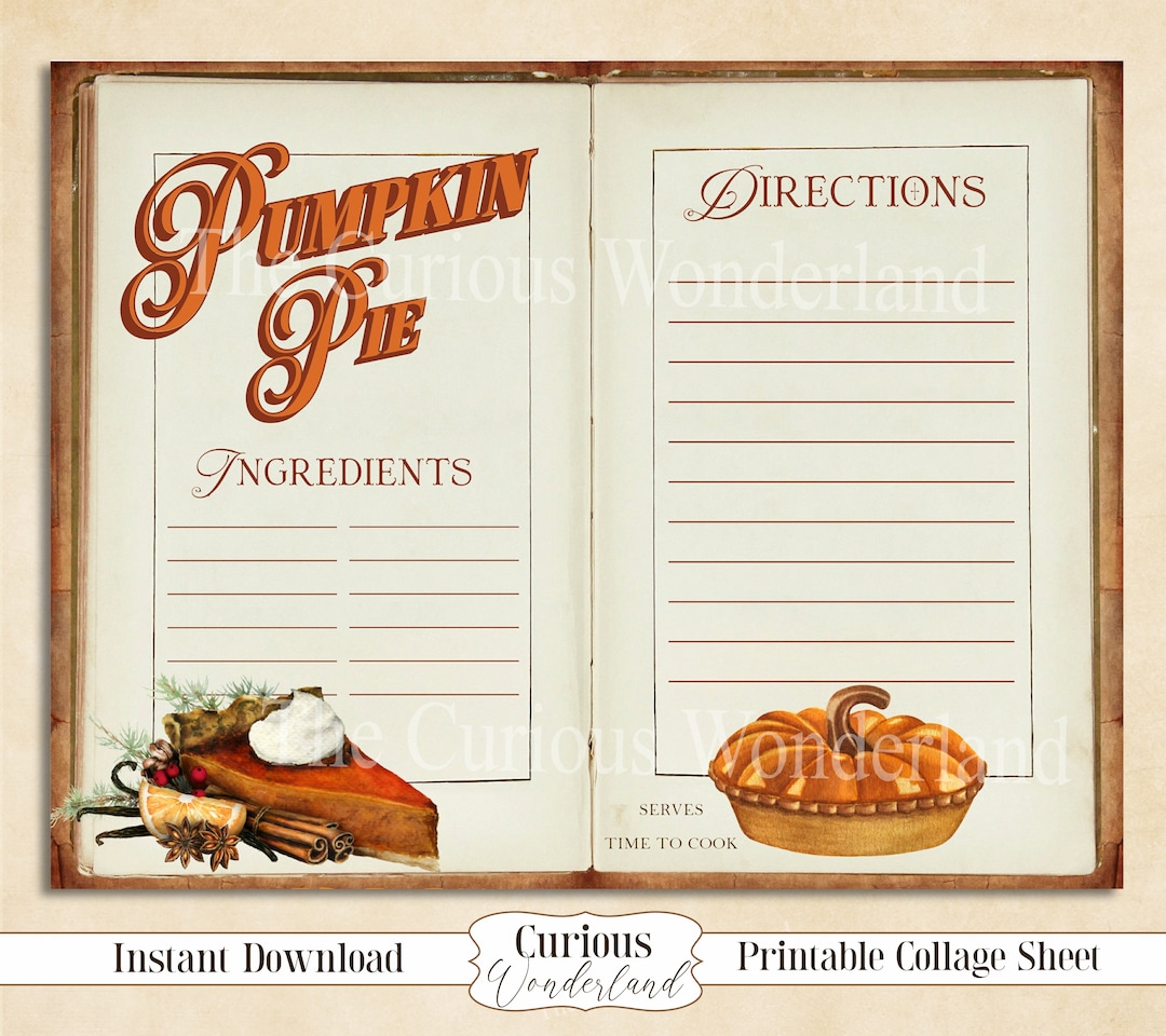 Pumpkin Pie Recipe Cards, Collage Sheet, Printable Recipe Card, Recipe ...