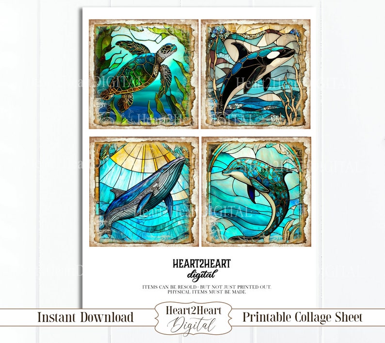 4x4 Stained Glass Sea Life Squares Collage Sheet Dolphins - Etsy