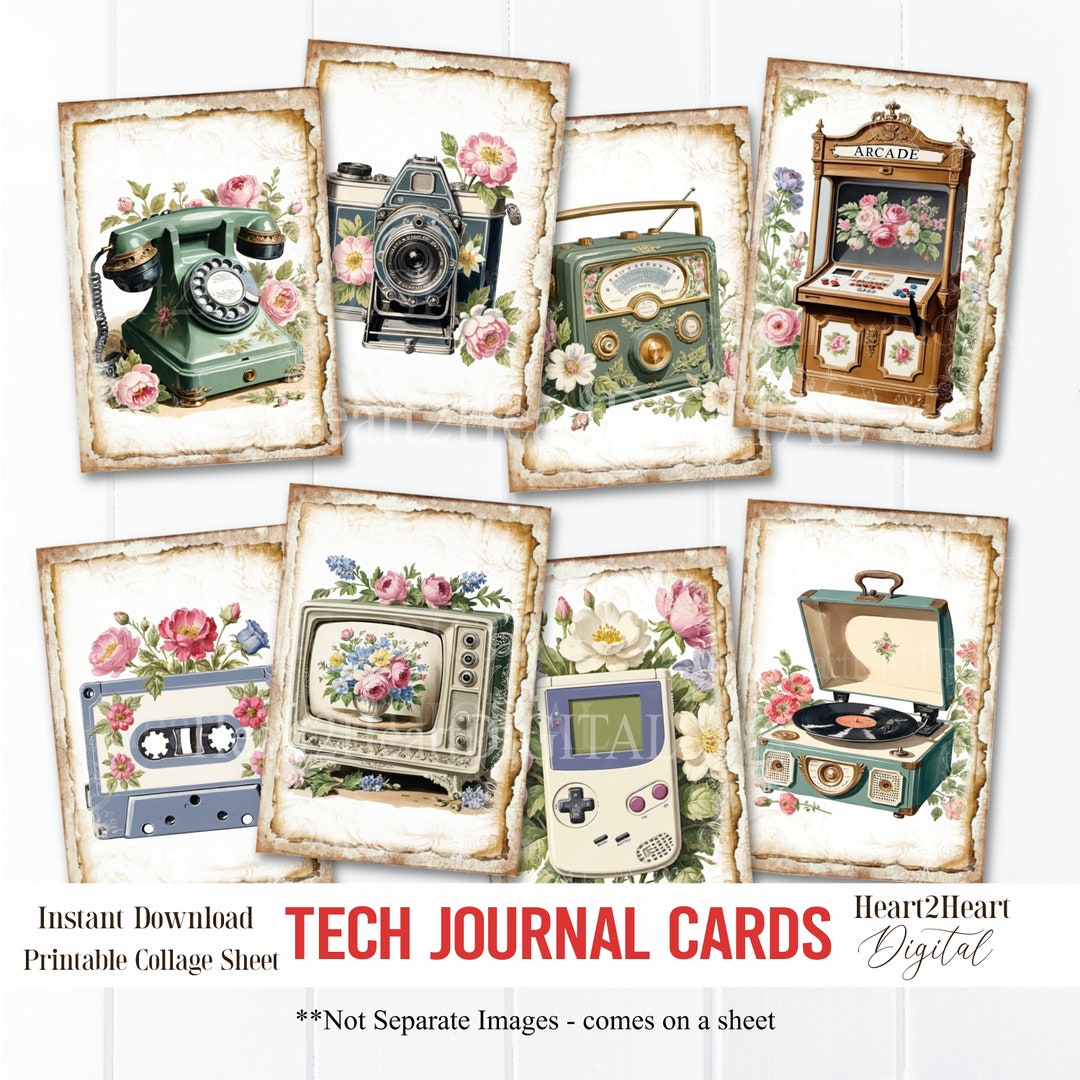 Retro Tech Journal Cards Collage Sheet, Retro Technology, Journal Cards ...