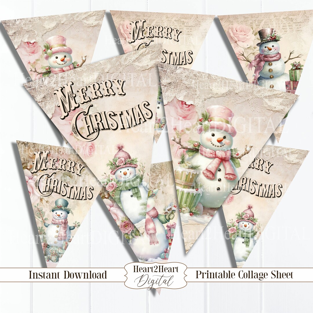 Printable Pink Christmas Snowman Banner, Christmas Bunting, Holiday ...