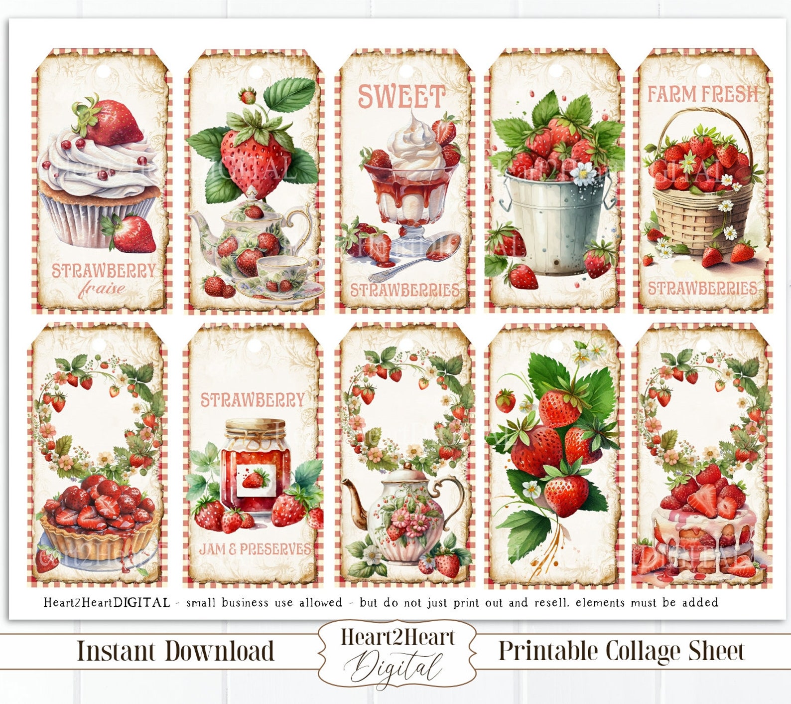 Strawberry Tags, Printable Strawberry Ephemera, Digital Download ...