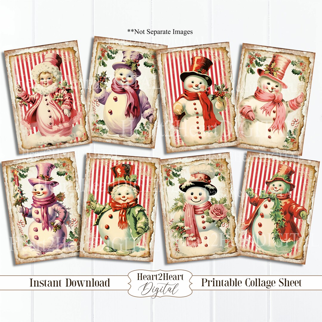 Retro Christmas Snowman Collage Sheet, Tags, Journal Cards, Digital ...