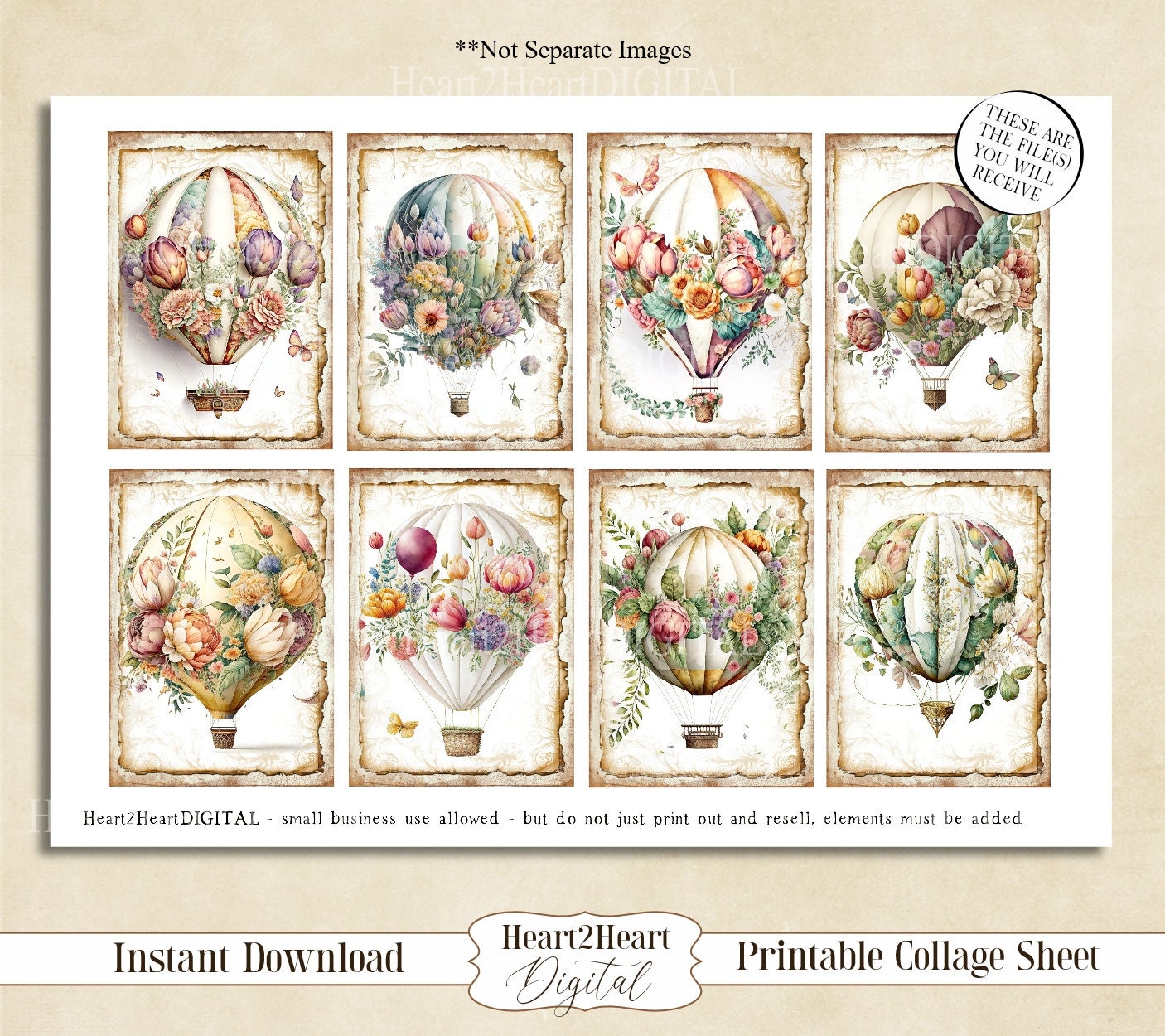 Vintage Floral Hot Air Balloon Journal Cards Digital Collage Sheet ...
