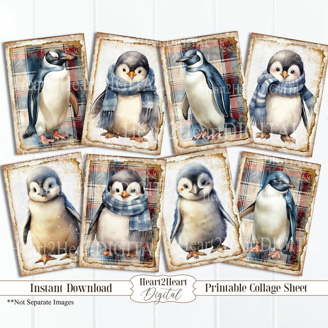 Tartan Christmas Penguins Collage Sheet, Tags, Journal Cards, Digital ...