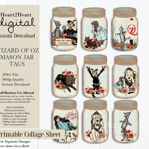 Wizard of Oz Mason Jar Tags, Printable Collage Sheet, Tin Man Tags ...