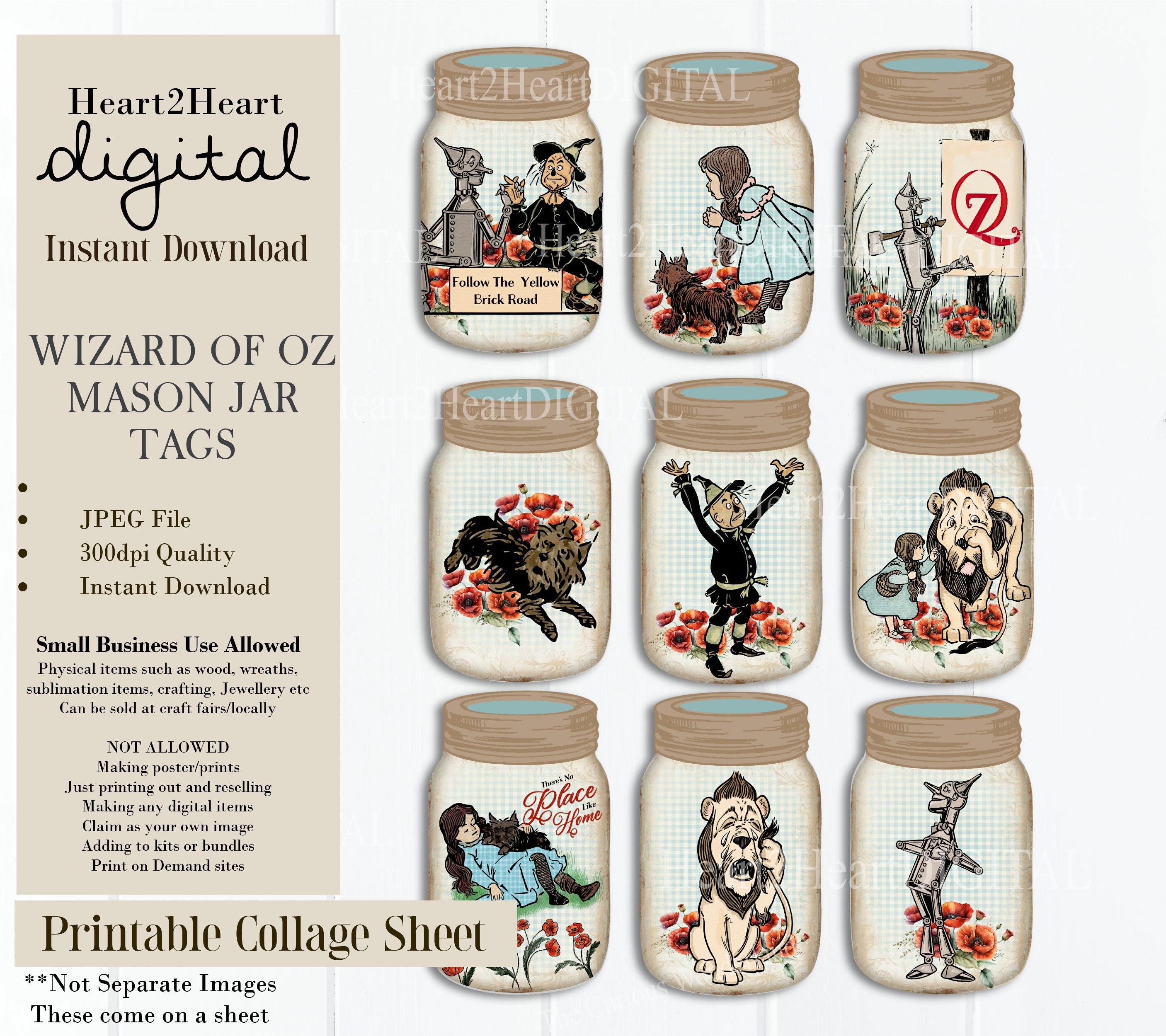 Wizard of Oz Mason Jar Tags, Printable Collage Sheet, Tin Man Tags ...