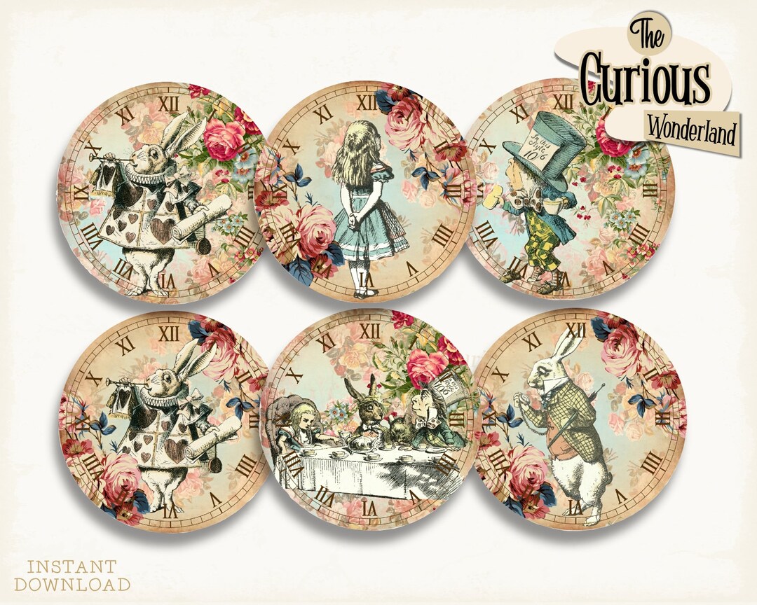 Alice in Wonderland Clocks, 2.5 Inches, Printable Clocks, Bottle Caps ...