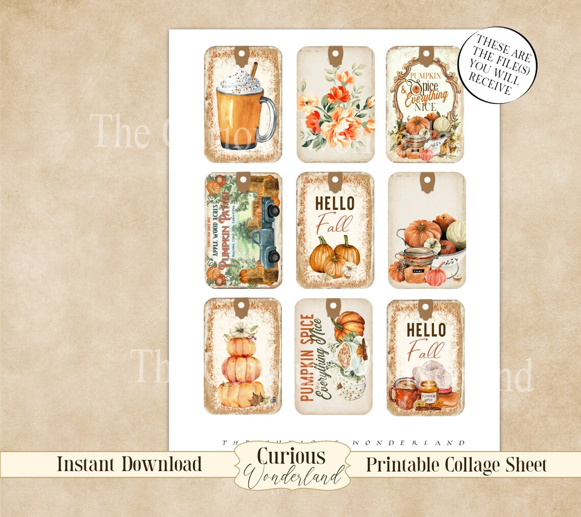 Rustic Pumpkin Fall Hang Tags Collage Sheet ATC Journal Cards Digital ...