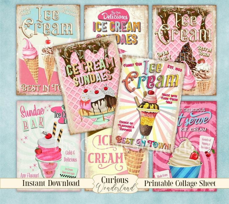 Digital Ice Cream Collage Sheet Retro Ice Cream Cards ATC - Etsy