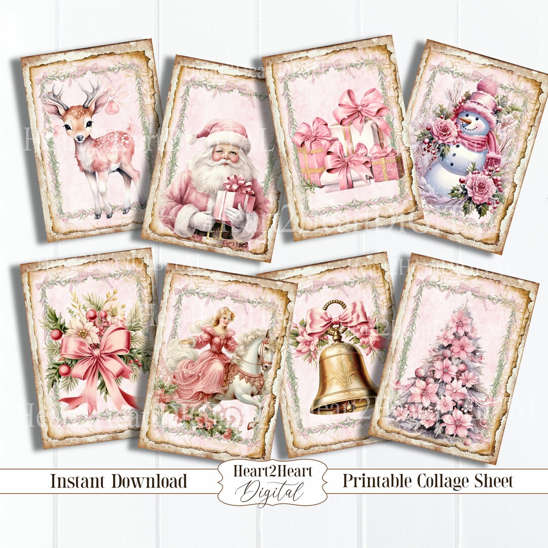 Vintage Pink Christmas Collage Sheet, Tags, Journal Cards, Digital ...