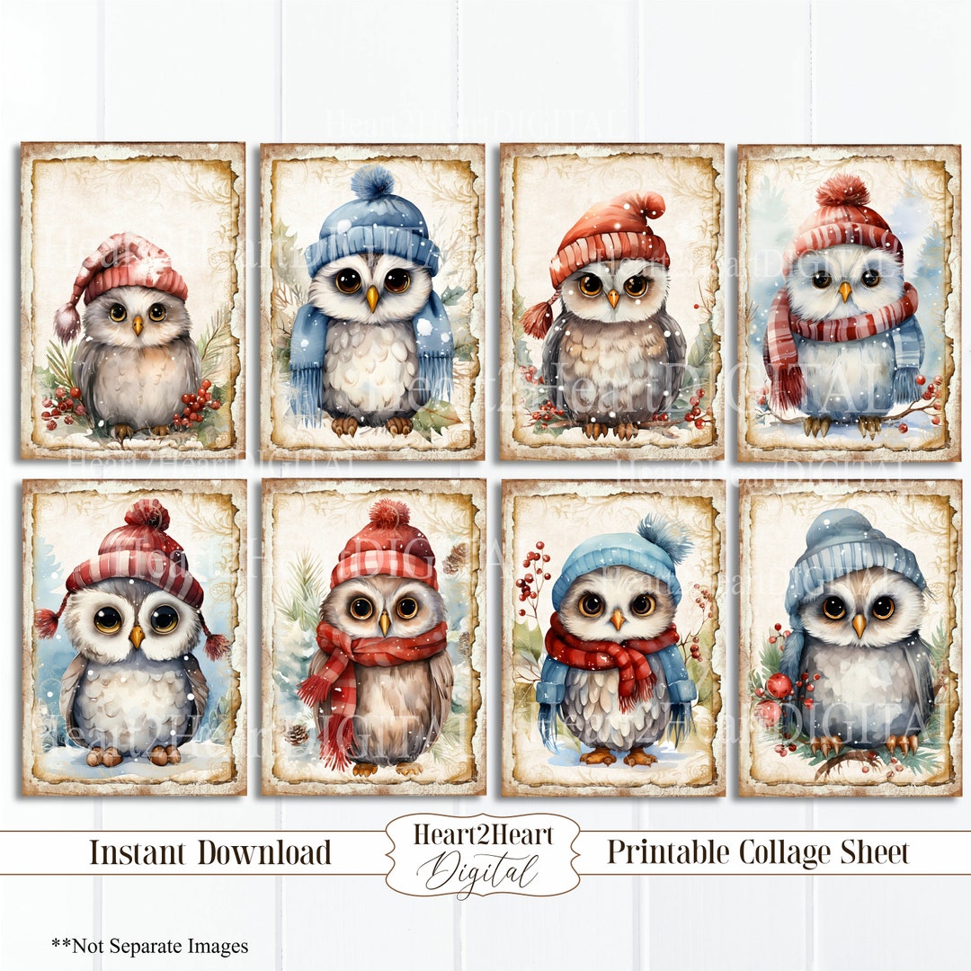 Christmas Owl Collage Sheet, Tags, Journal Cards, Digital Image ...