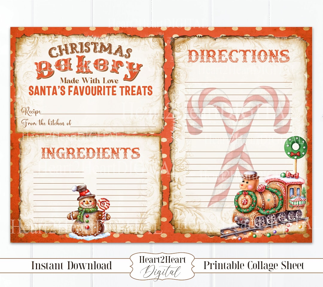 Christmas Gingerbread Recipe Cards - Collage Sheet -printable Recipe ...