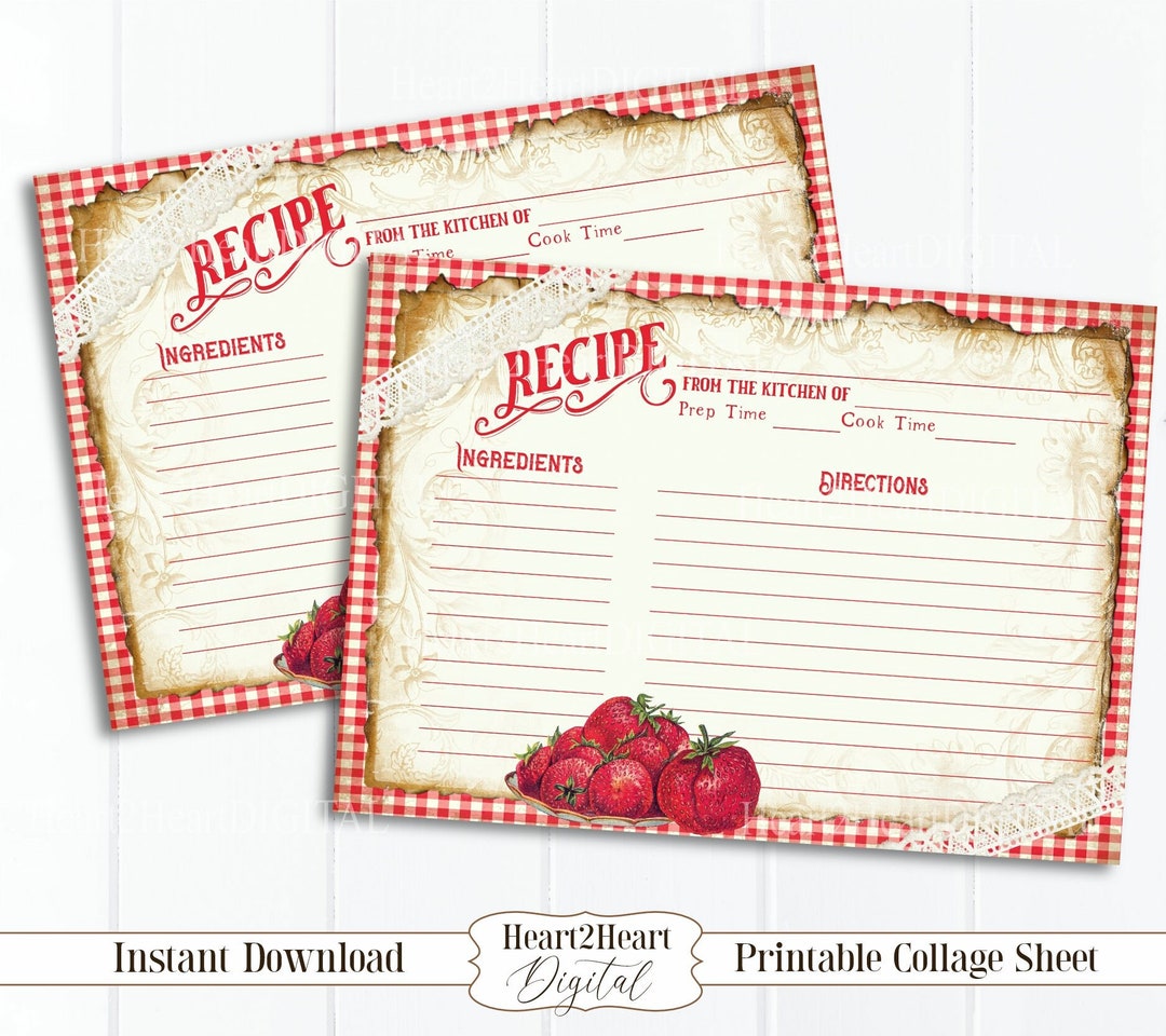 Farmhouse Style Strawberry Recipe Cards, Gingham, Printable Recipe ...