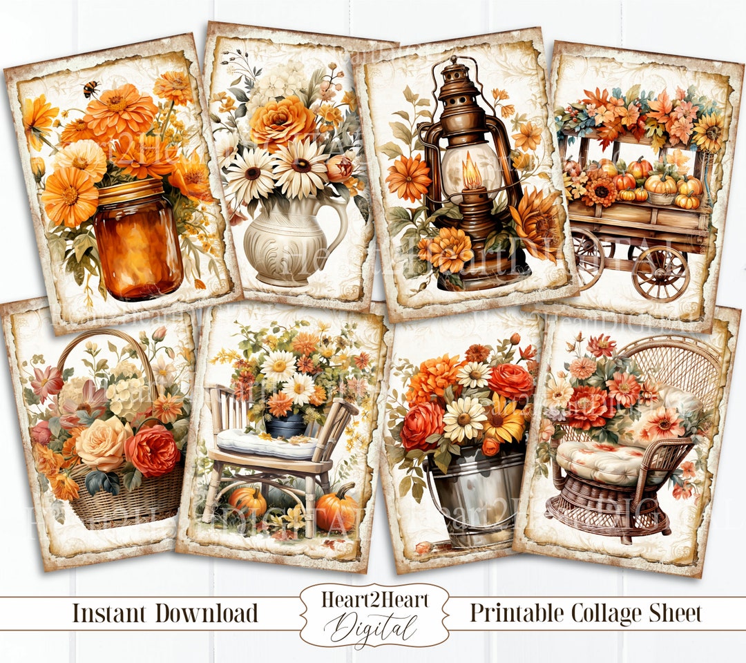 Autumn Floral ATC Collage Sheet, Fall Flowers Journal Cards, Digital ...