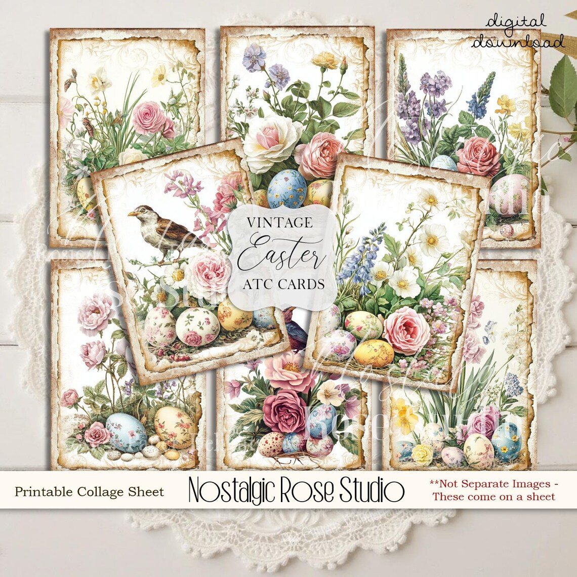 Vintage Easter Flowers Printable ATC Card Sheet, Spring Floral Egg ...