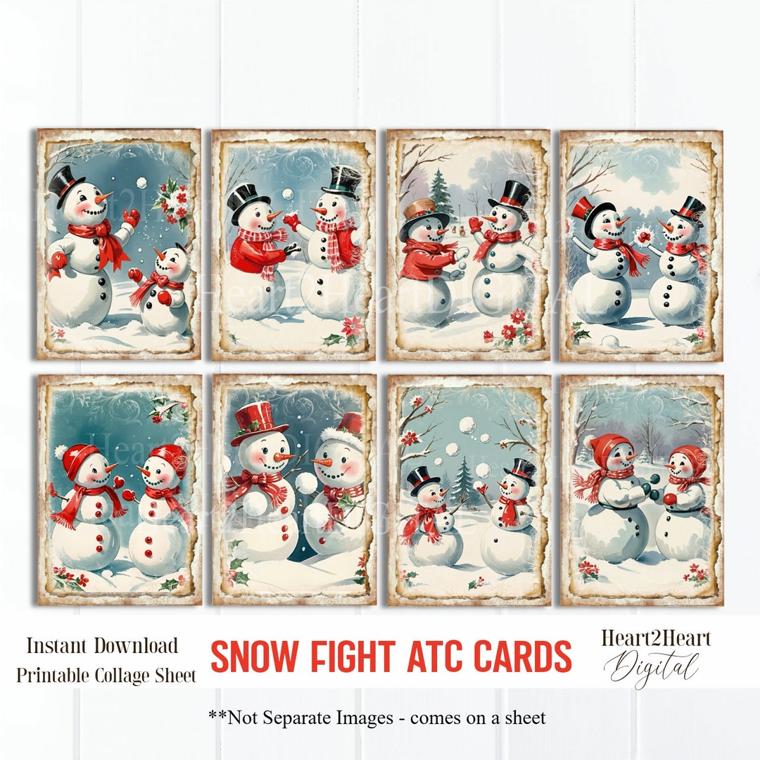 Christmas Snowman Fight Scene Collage Sheet, Tags, Journal Cards ...